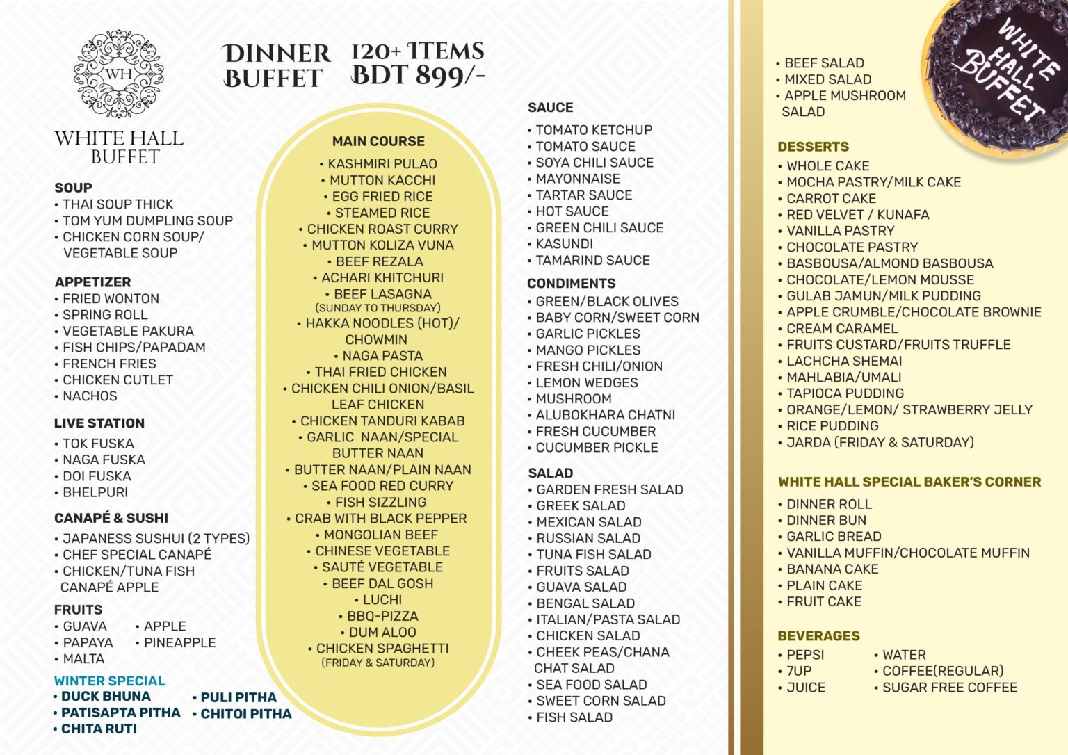 Buffet Menu with price – White Hall Buffet Restaurant